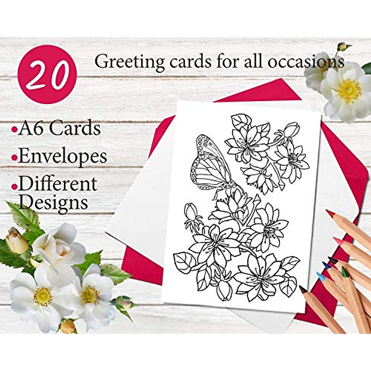 Art Eclect Coloring All Occasion Cards for Adults, Happy Birthday, Thank You and Sympathy, 20 Cards With Unique Flower Designs, 10 Fuchsia and 10 White Envelopes (Flowers B20/PinkWhite)