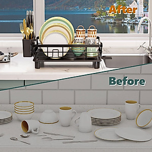 AIDERLY Dish Drying Rack with Drainboard Dish Drainers for Kitchen Counter Sink Adjustable Spout Dish Strainers with Utensil Holder and Knife Slots, Black