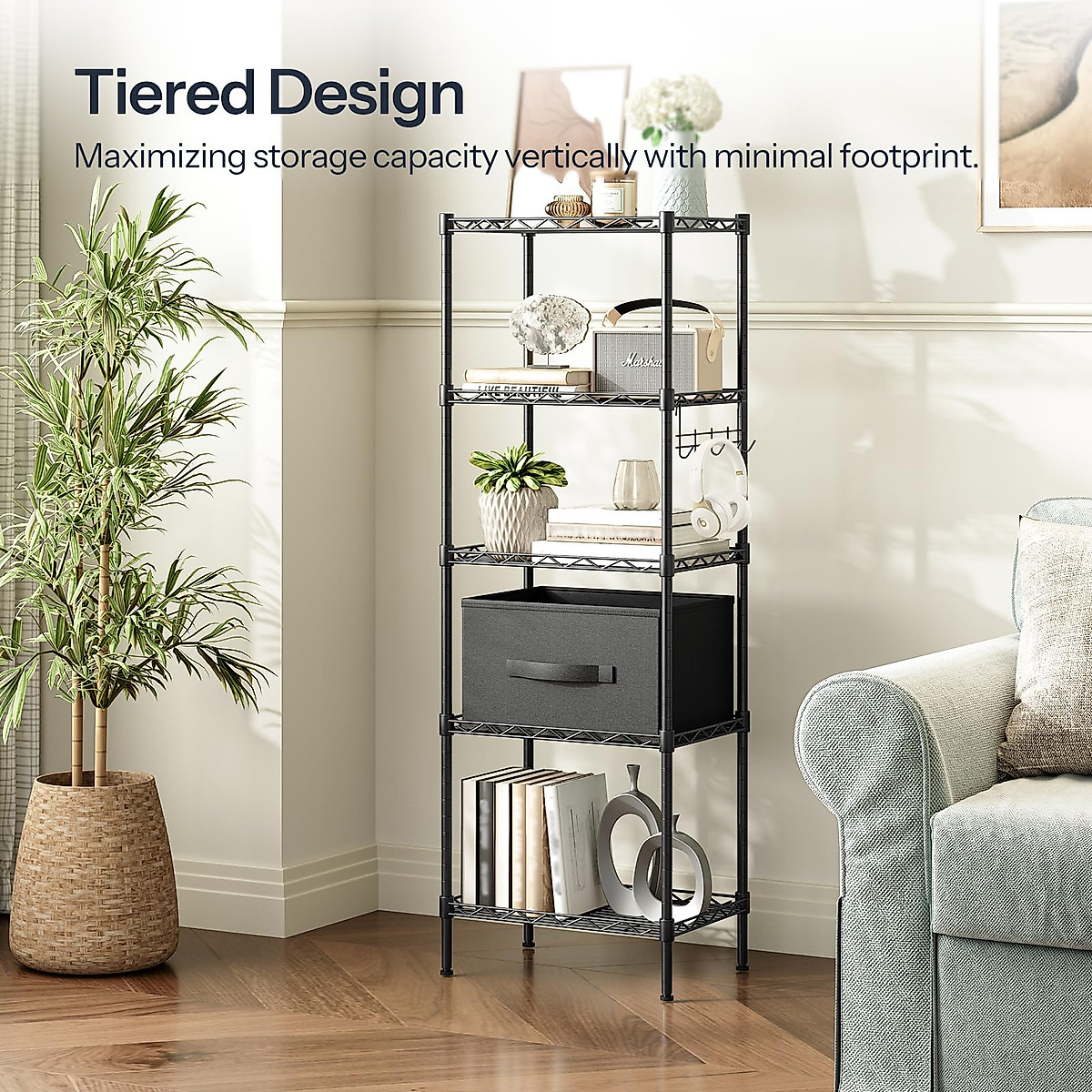 HOOBRO 5-Tier Storage Rack, Wire Shelving Unit with Adjustable Shelves, Standing Metal Shelf with Removable Drawer and 5 Hooks for Bathroom, Living Room, Bedroom, Kitchen, Black BK25CJ01