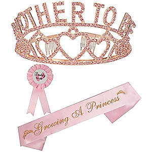 MEANT2TOBE Baby Shower Decoration for Mom to Be and Dad to Be, Premium Metal Pink Tiara + Pink & Gold Sash + Premium Metal Daddy to be Pink & White pin, Maternity for Her and Him