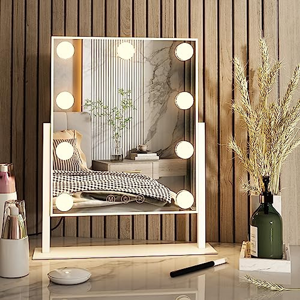 ZL ZELing Vanity Mirror with Lights,Tabletop Makeup Mirror with 9 LED Lights Smart Touch Control 3 Colors Light 360°Rotation