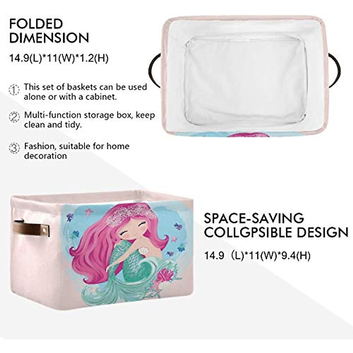 Moudou Mermaid Laundry Basket Square Collapsible Laundry Hamper Clothes Toys Storage Bin with Handles for Bedroom, Closet, Nursery, Dorm, Home Decor