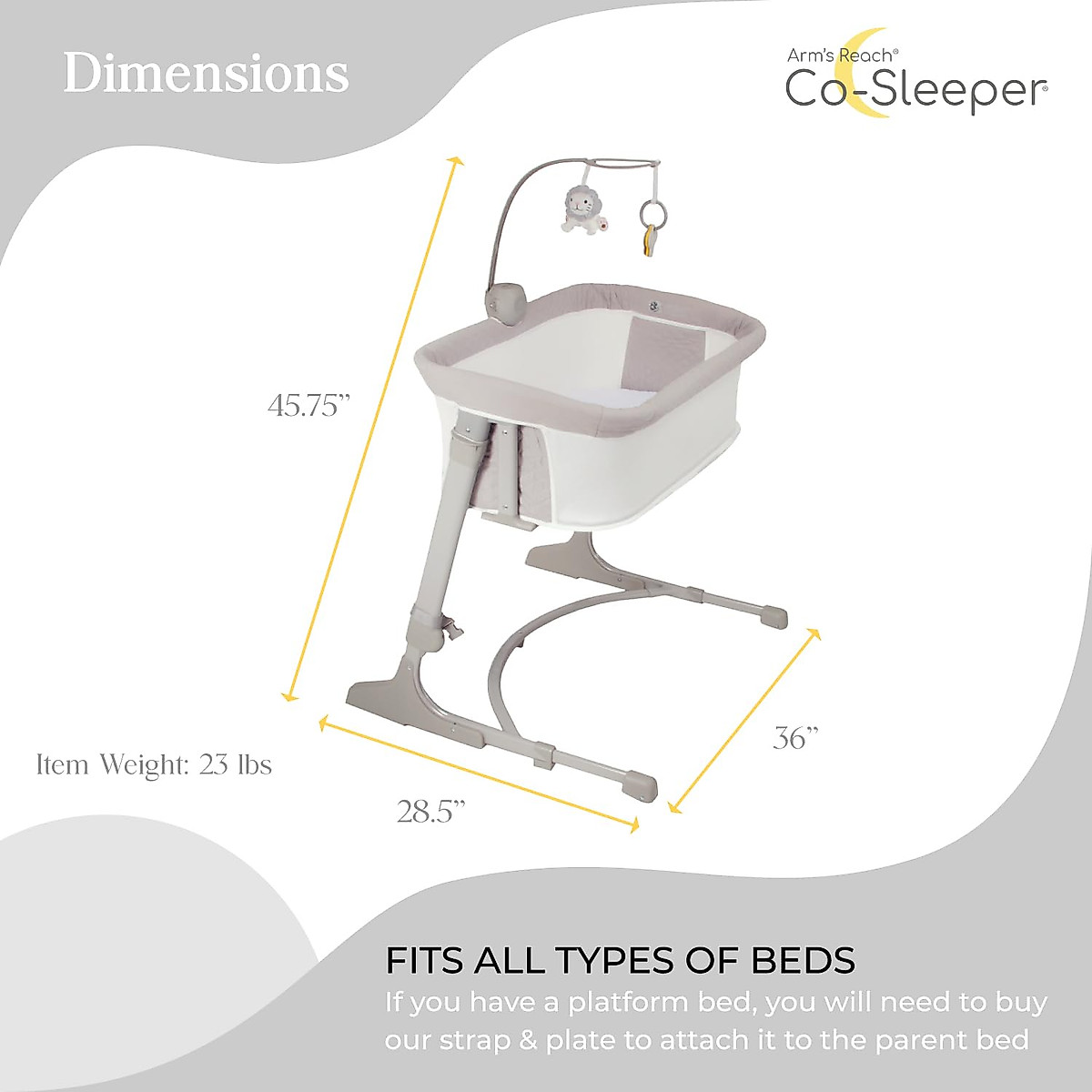 Arm’s Reach Versatile Co-Sleeper Bedside Bassinet Featuring Height-Adjustable Legs with Adjustable Feet, Mobile with Plush Hanging Toy, and Music Box that Plays 5 Tunes, Misty