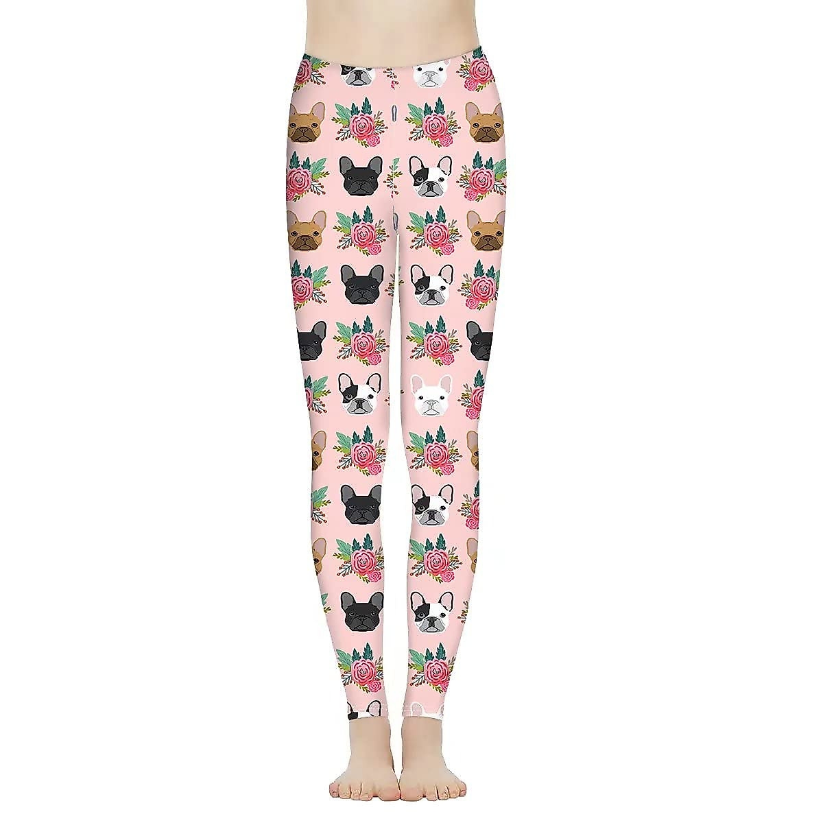 NDISTIN Pink Yoga Pants for Women Girls Floral French Bulldog Printed Cute High Waisted Leggings for Running Jogging Sports Athletic Workout Stretch Pants Full Length