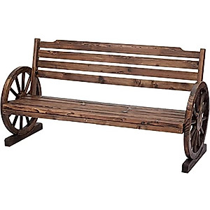 JSUN7 Wooden Outdoor Wagon Wheel Bench - Yard Decorative 3-Person Bench with Backrest Fir Wood Seat Rustic Style for Bench Patio Garden