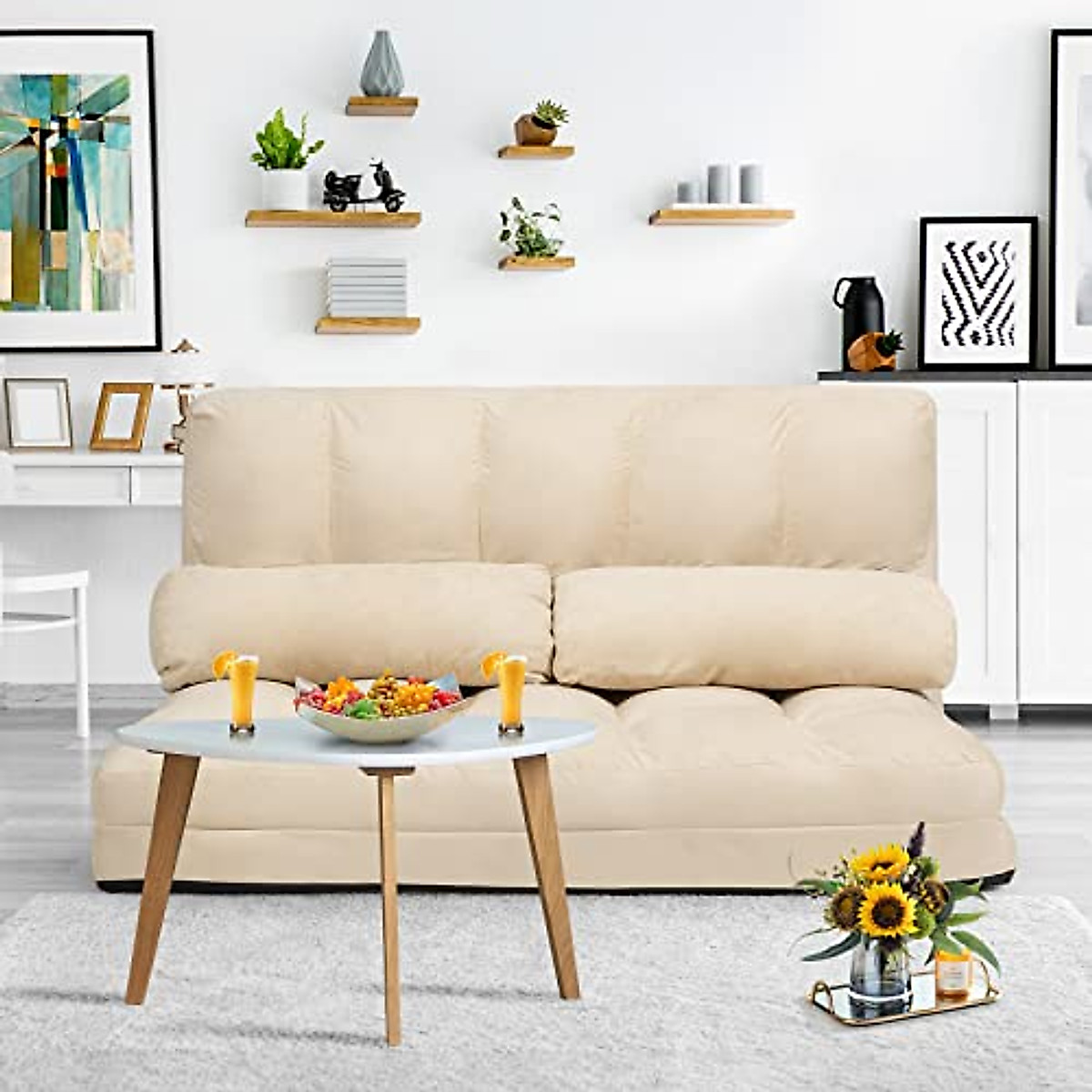 KOMFOTT Adjustable Floor Sofa Bed, Foldable Lazy Sofa Sleeper Bed with 6 Position Backrest & 2 Pillows, Convertible Futon Couch Bed with Suede Cloth Cover, Lounge Recliner for Living Room