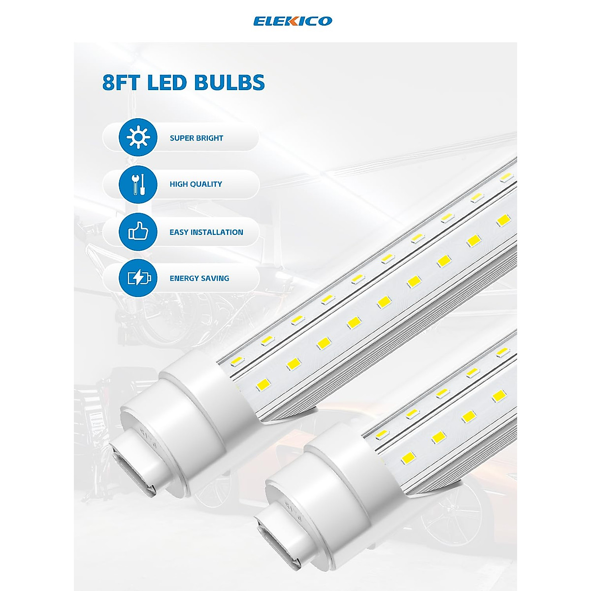 ELEKICO 8FT LED Bulb, 8FT Led Shop Light R17D V Shaped, 8 Foot LED Bulbs 6000K 75W 9500LM, 8 Foot Shop Light, T8/T10/T12 Led Tube Light Replacement, Dual-End Powered Ballast Bypass, Pack of 12