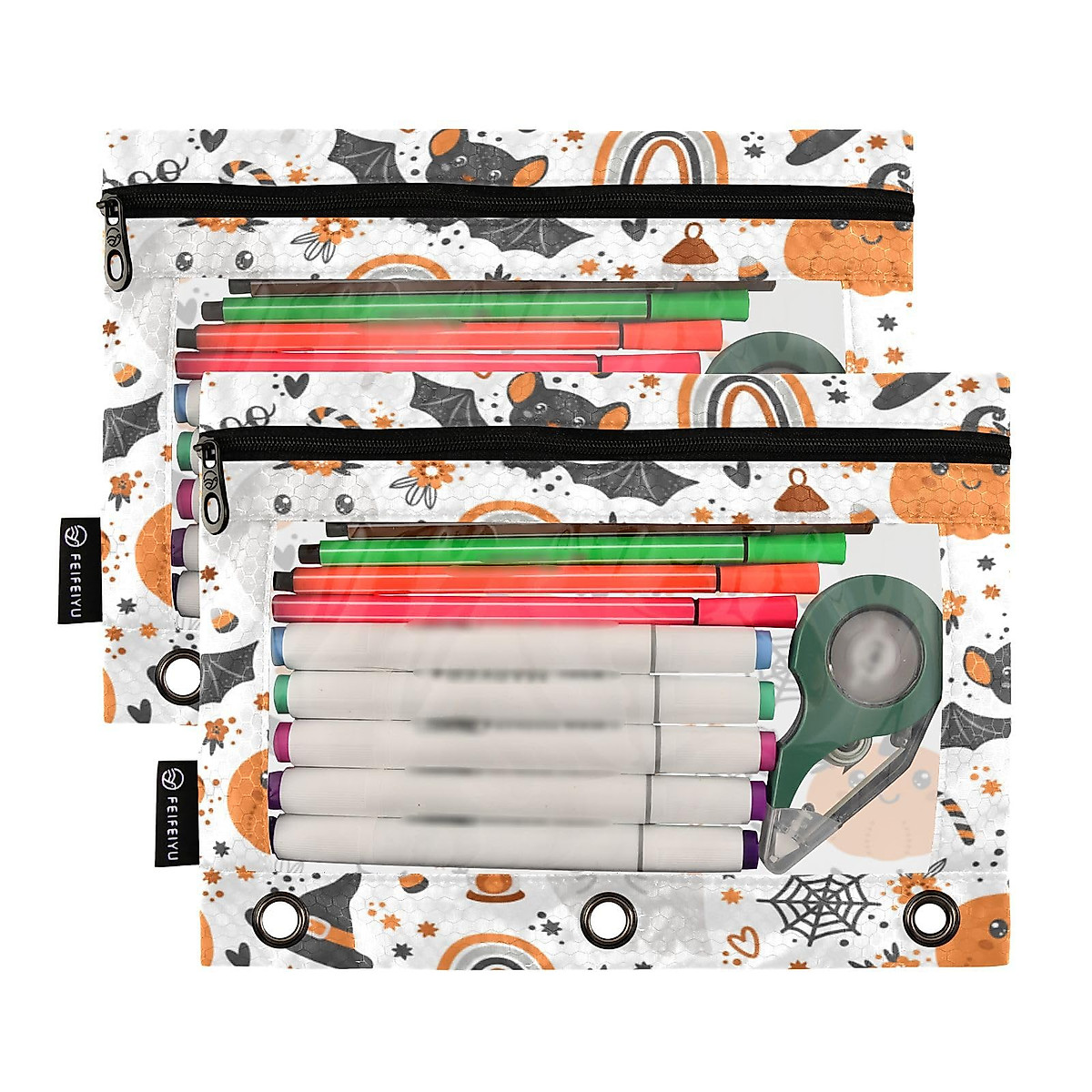 MCHIVER Halloween Ghost Pumpkins Bat Pencil Pouch for 3 Ring Binder Pencil Case with Zipper Clear Window Binder Bag for Office Daily Supplies 2 Pack