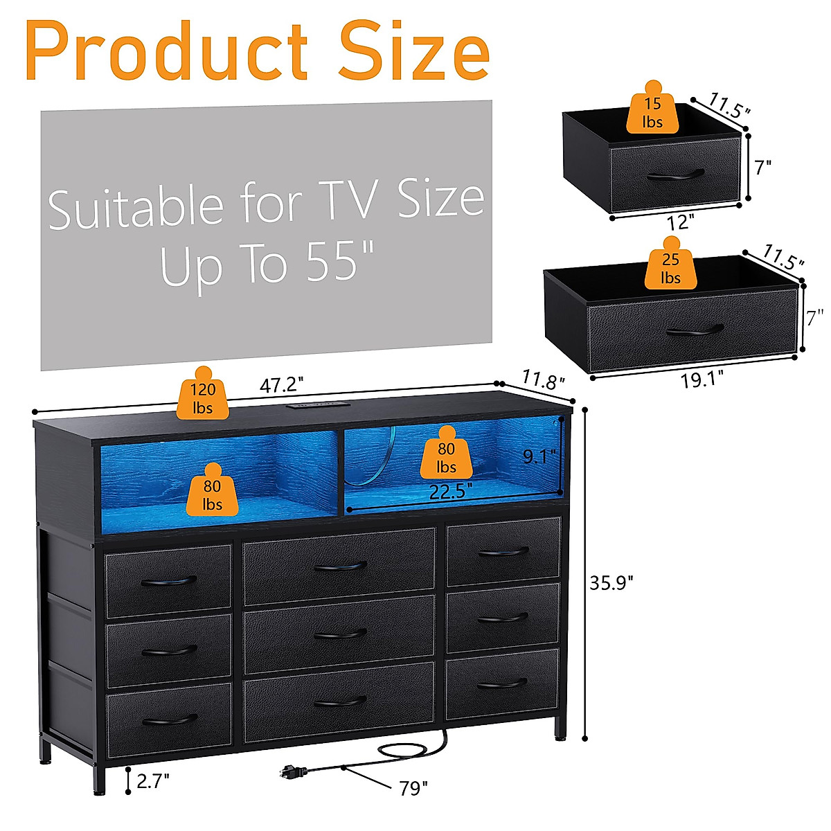 eiskah Black Dresser for Bedroom, 9 Drawers Led Dresser TV Stand with Power Outlets and LED Lights, Long Fabric Dressers Wide Chest of Drawers with Large Organizer for Living Room, Entryway, Hallway