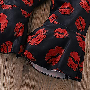 Aslaylme Baby Girls Valentine's Day Outfit Newborn Daddy's Little Valentine Bodysuit Kiss Flare Pants Outfit（Black,0-3 Months