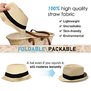 Lvaiz Womens Straw Hat Short Brim Panama Fedora Beach Sun Trilby Hat for Vacation Gentlemen Roll Up Summer Hat, Beige L