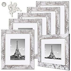 upsimples Picture Frame Distressed White with Real Glass, Display Pictures 5x7 with Mat or 8x10 Without Mat, Multi Photo Frames Collage for Wall or Tabletop Display, Set of 6