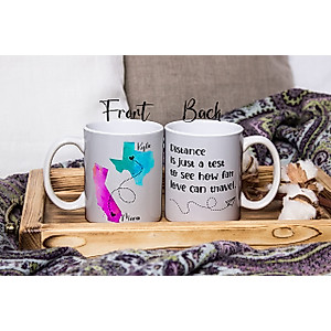 Personalized Long Distance Coffee Mug, Best Friends Quote Custom Mugs, States with Hearts over Cities, Add Names and Quote, State to State Mug, Long Distance Family, Friendship, Relationship Gifts