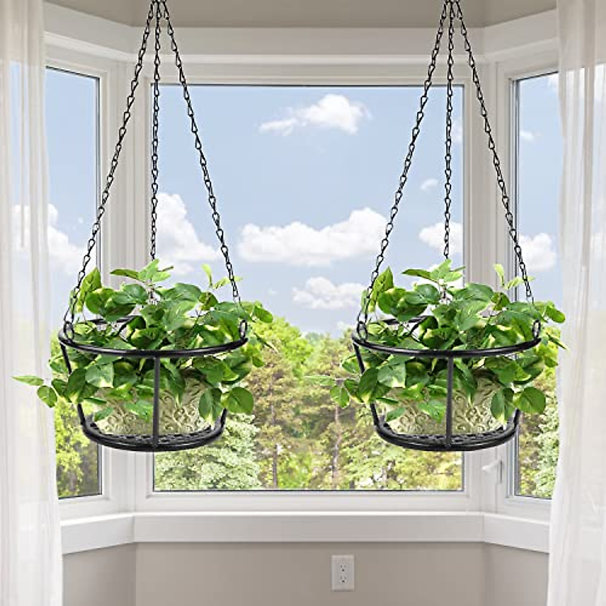 ARTORA 2 Pack Metal Plant Hanger, Modern Plant Hanging Basket Decorative Black Plant Pot Holder Flower Planter Hanging Chain for Balcony Porch Indoor Outdoor Home Decor (Black 2PCS)