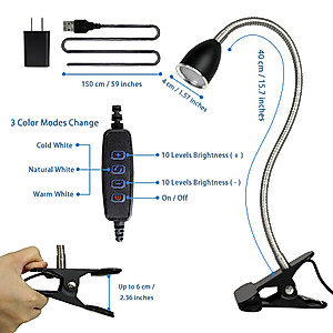 Desk lamp Eye-Caring Table Lamps, 360°Rotation Gooseneck Clip on Lamp Reading Light, Portable Reading Book Light, Clamp Light, Study Desk Lamps for Bedroom and Office Home Lighting (Black-C01)