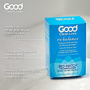Good Clean Love Rebalance Personal Moisturizing & Cleansing Wipes, Naturally Reduces Odor & Supports Vaginal Health, pH-Balanced Feminine Hygiene Product, 24 Biodegradable Wipes