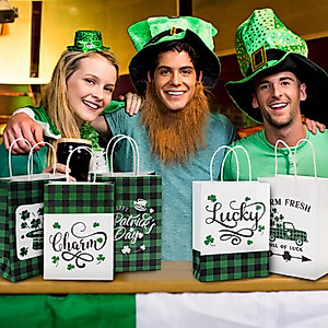 AnyDesign St. Patrick's Day Paper Bags with Handle Green Black Buffalo Plaids Shamrock Truck Gift Bags Lucky Charm Party Favor bags for Irish Holiday, 12Pcs, 5.9 x 8.3 x 3.1 Inch