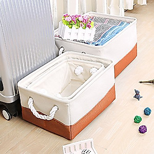 uxcell Collapsible Fabric Storage Basket Bins with Dual Handles, Foldable Toy Bins for Laundry Clothes Storage, Home Organizer for Bedroom Office Closet Shelves Orange+White Medium