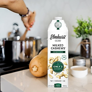 Elmhurst 1925 Cashew Milk, Unsweetened Cashew Milk, Shelf Stable Cashew Milk, Vegan, Kosher, Nondairy, Sugar Free, Non GMO, Plant Based Alternative Milk, Made With Water And Cashews, Simpler Better, 32 Ounce (Pack of 6)