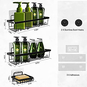 KAREEME Shower Caddy, Shower Shelf with 8 Hooks, 5-Pack Self Adhesive Bathroom Shower Organizer with 2 suction cup hooks, No Drilling Stainless Steel Rustproof Shower Shelves for Inside Shower(Black)