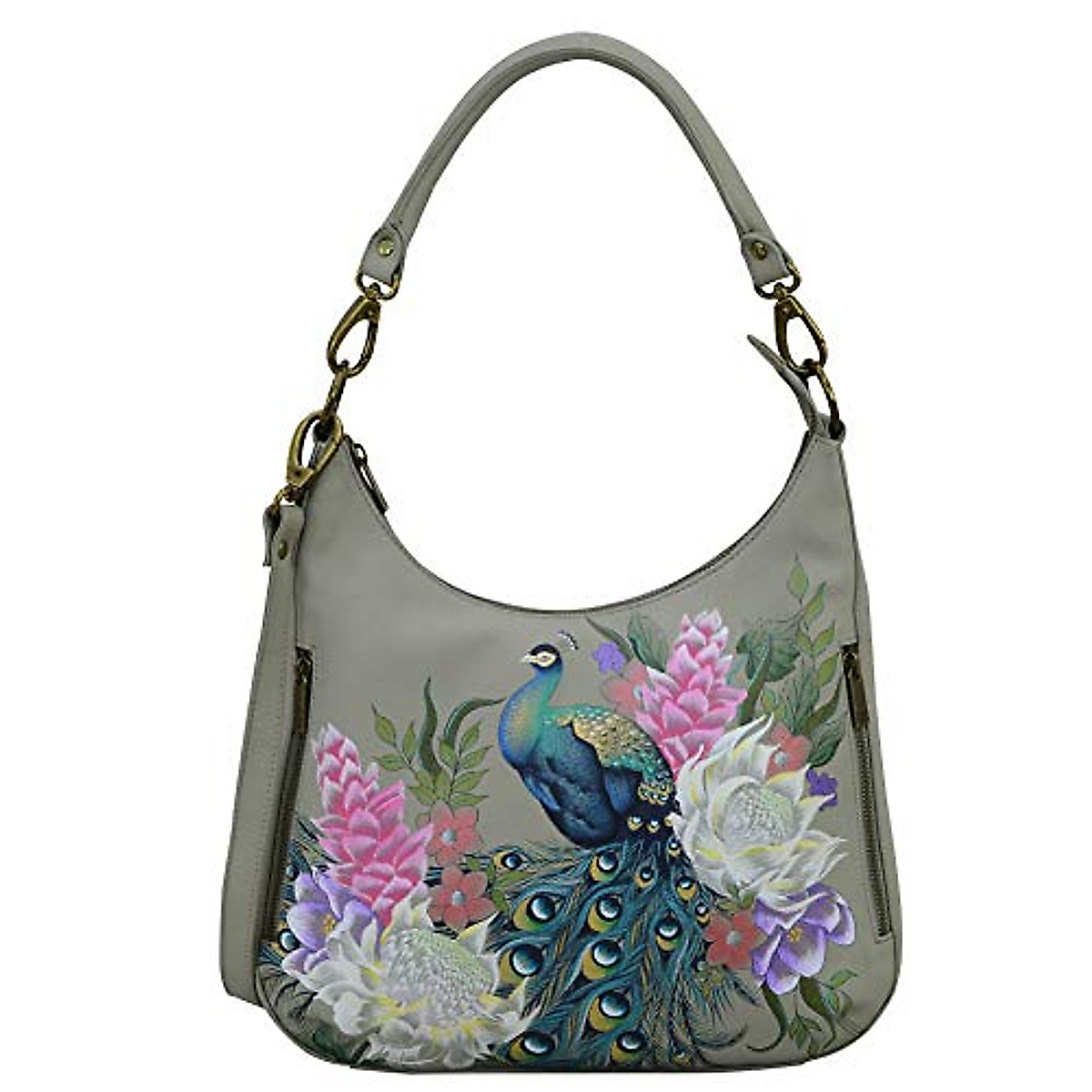 Anuschka Hand Painted Women’s Genuine Leather Convertible Slim Hobo with Crossbody Strap - Regal Peacock