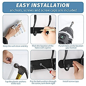 Wall Mount Coat Rack with 5 Black Hooks , 2 Pack 16’’ Stainless Steel Heavy Duty Wall Coat Rack for Hanging for Jackets Towels Hats Scarves Bags Wall Coat Hanger for Entryway Bathroom Bedroom (Black)