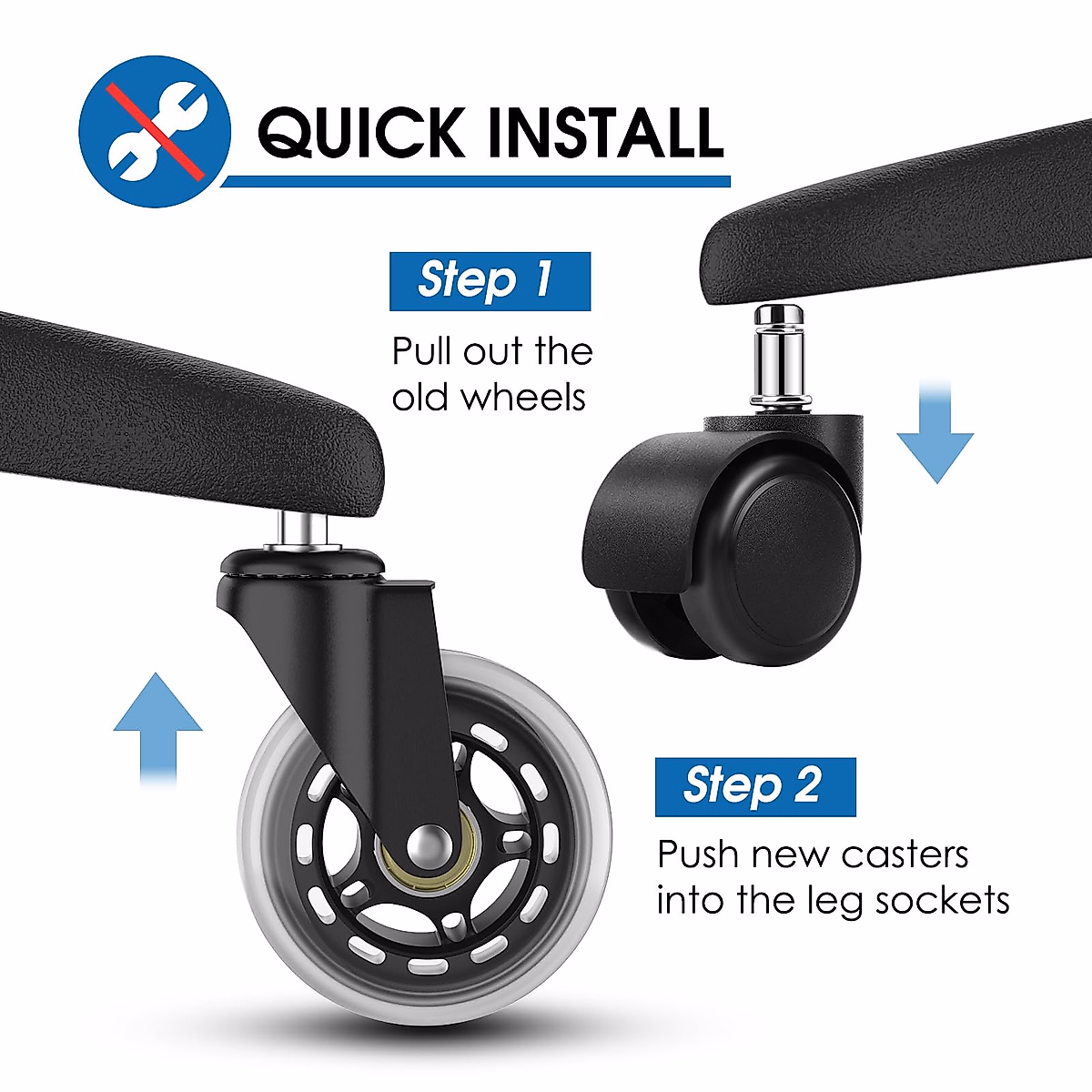 MaxGear Office Chair Wheels, 3 Inch Replacement Soft Mute Desk Caster Wheels for Work & Gaming Chair, Heavy Duty and Safe for All Floors & Hardwood, Universal Fit for 98% of Chairs, Set of 5, Black