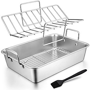 Stainless Steel Roasting Pan with Rack, HaSteeL Large 15.2In Lasagna Roaster Pan, Baking Rack, V-shaped Rack & 8In Basting Brush, Great for Turkey/Chicken/Veggies, Heavy Duty & Dishwasher Safe - 4Pcs