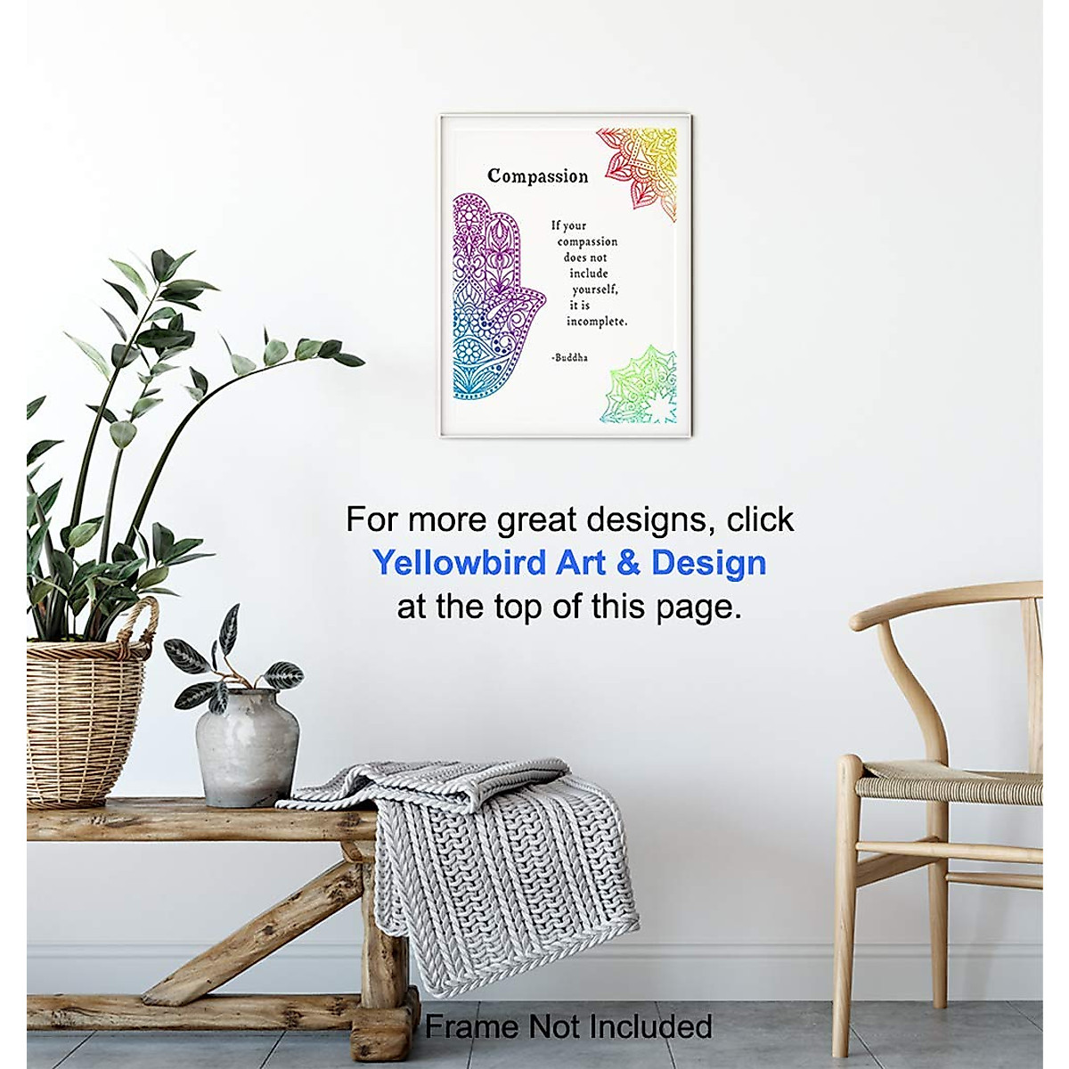 Compassion Buddha Quote - Inspirational Zen Wall Art Decor - 8x10 Buddhism Poster Print for Spa Decoration, Yoga, Meditation Room - Namaste Buddhist Gift - Hamsa Hand of Fatima, Mandala, Lotus, Om