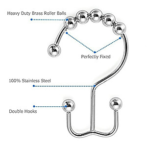 Amazer Shower Curtain Hooks Rings, Rust-Resistant Stainless Steel Double Shower Curtain Hooks, Shower Hooks for Shower Curtain and Liner Bathroom, Set of 12, Chrome