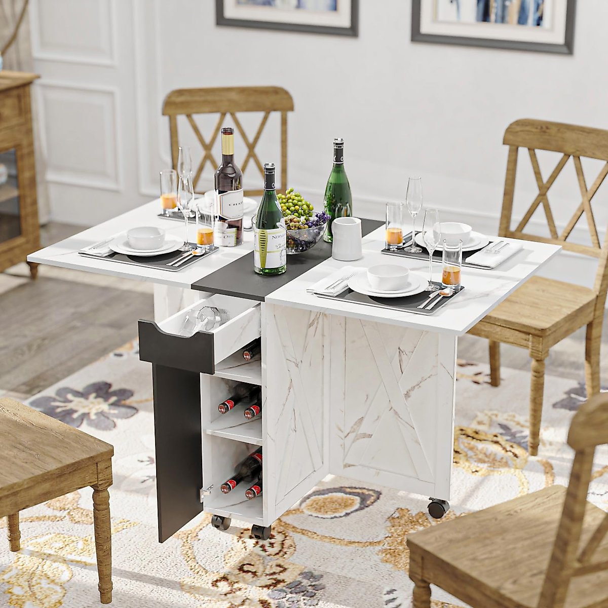 3imothrix Folding Dining Table, Dinner Table with Drawer and Storage and Shelves, Space Saving Dining Table with 6 Wheels, Kitchen Table for Small Spaces (Black)