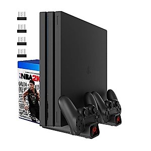 Megadream Cooling Fan Stand for PS4, Dual Controller Charge Station for PS4 Slim/PS4 Pro/Playstation 4, Multifunctional Vertical Cooling Stand with LED Indicator, 10PCS Games Storage, 4 Usb Connectors