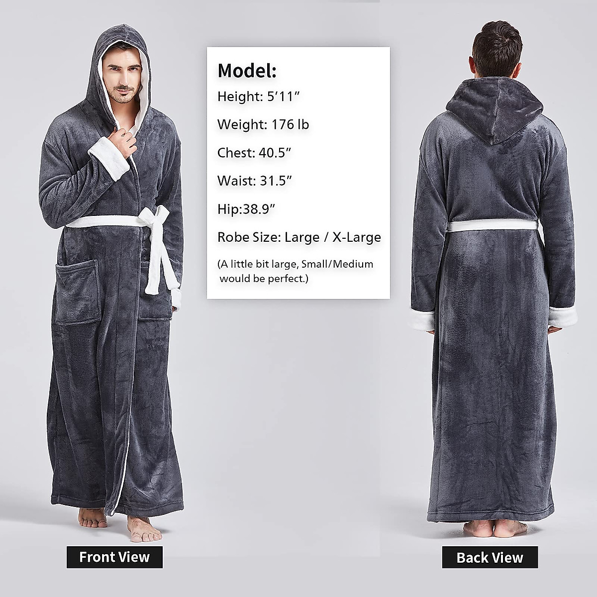 FashGudim Mens Robes Big and Tall with Hood Two-Tone Flannel Fleece Contrast Bathrobe Full Length Plush Long Robe Warm House Coat (Grey & White, XXL)