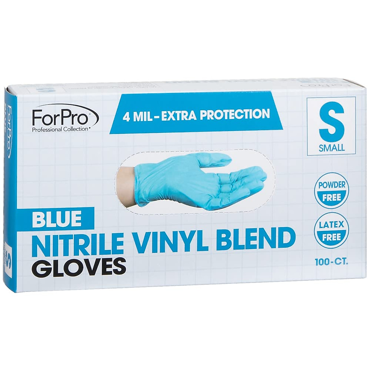 ForPro Professional Collection Disposable Nitrile Vinyl Blend Gloves, 4 Mil Extra Protection, Powder-Free, Latex-Free, Non-Sterile, Food Safe, Blue, Small, 100-Count