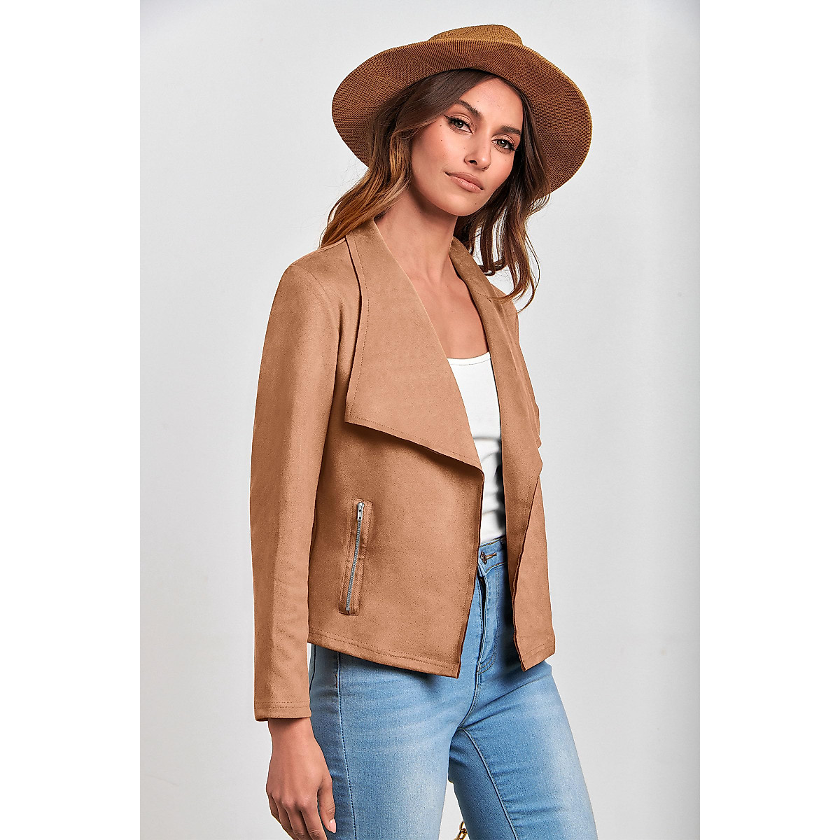 PRETTYGARDEN Women's Faux Suede Jackets 2025 Spring Fall Clothes Long Sleeve Open Front Cropped Coat Outwear (Camel,Small)