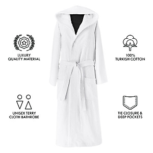 Classic Turkish Towels CTT - 100% Turkish Cotton Terry Cloth Hooded Bath Robe for Women & Men, 450 GSM Soft & Plush Long Robe | White (Medium - Large)