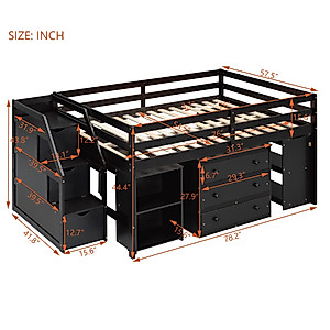 Merax Retractable Writing Desk and 3 Drawers, Wooden Loft Bed with Storage Stairs and Shelves, Espresso