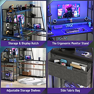 L Shaped Gaming Desk with Hutch & Shelves, 47'' Gaming Computer Desk with LED Lights & Power Strips, Reversible PC Gaming Desk L Shape with Storage, L Desk for Gaming with Monitor Stand, Black