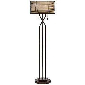 Franklin Iron Works Marlowe Industrial Rustic Farmhouse Lamp Floor Standing 60 1/2" Tall Bronze Woven Iron Metal Burlap Fabric Double Drum Shade for Living Room Reading Bedroom Office House Home
