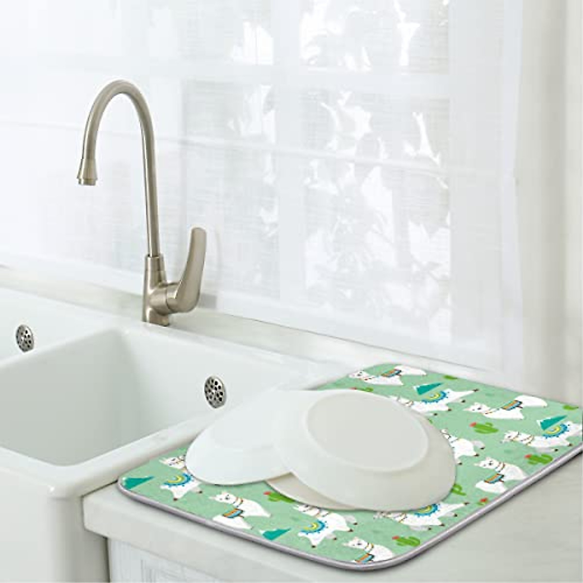 Classic Llama Dish Drying Mat for Kitchen Counter Absorbent Microfiber Dishes Drainer Mat Non-Slip Dish Draining Mat Fast Dry Kitchen Accessories Pad 16x18 inch