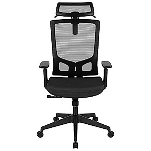 Flash Furniture Ergonomic Mesh Office Chair with Synchro-Tilt, Pivot Adjustable Headrest, Lumbar Support, Coat Hanger and Adjustable Arms in Black