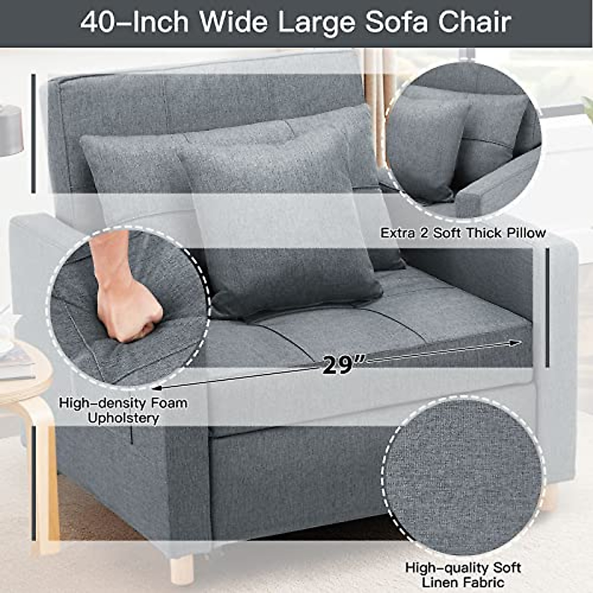 Esright 40 Inch Sleeper Chair Bed 3-in-1 Convertible Futon Chair Multi-Functional Sofa Bed Adjustable Reading Chair, Sofa, Bed, Sleeper Chair with Modern Linen Fabric, Drak Grey