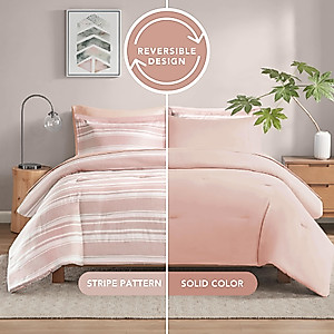 Codi Pink and White Full Comforter Set with Sheets, Bed in a Bag for Women, 7 Piece Complete Bedding Sets with 1 Striped Comforter, 2 Pillow Shams, Flat Sheet, Fitted Sheet and 2 Pillowcases