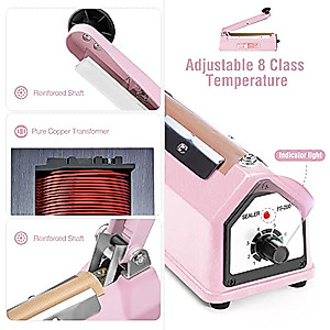 METRONIC Impulse Sealer 8 inch, Manual Heat Sealer Machine for Plastic Bags, Shrink Wrap Bag Sealers Heavy Duty Sealing Machine with Repair Kit ( Pink)