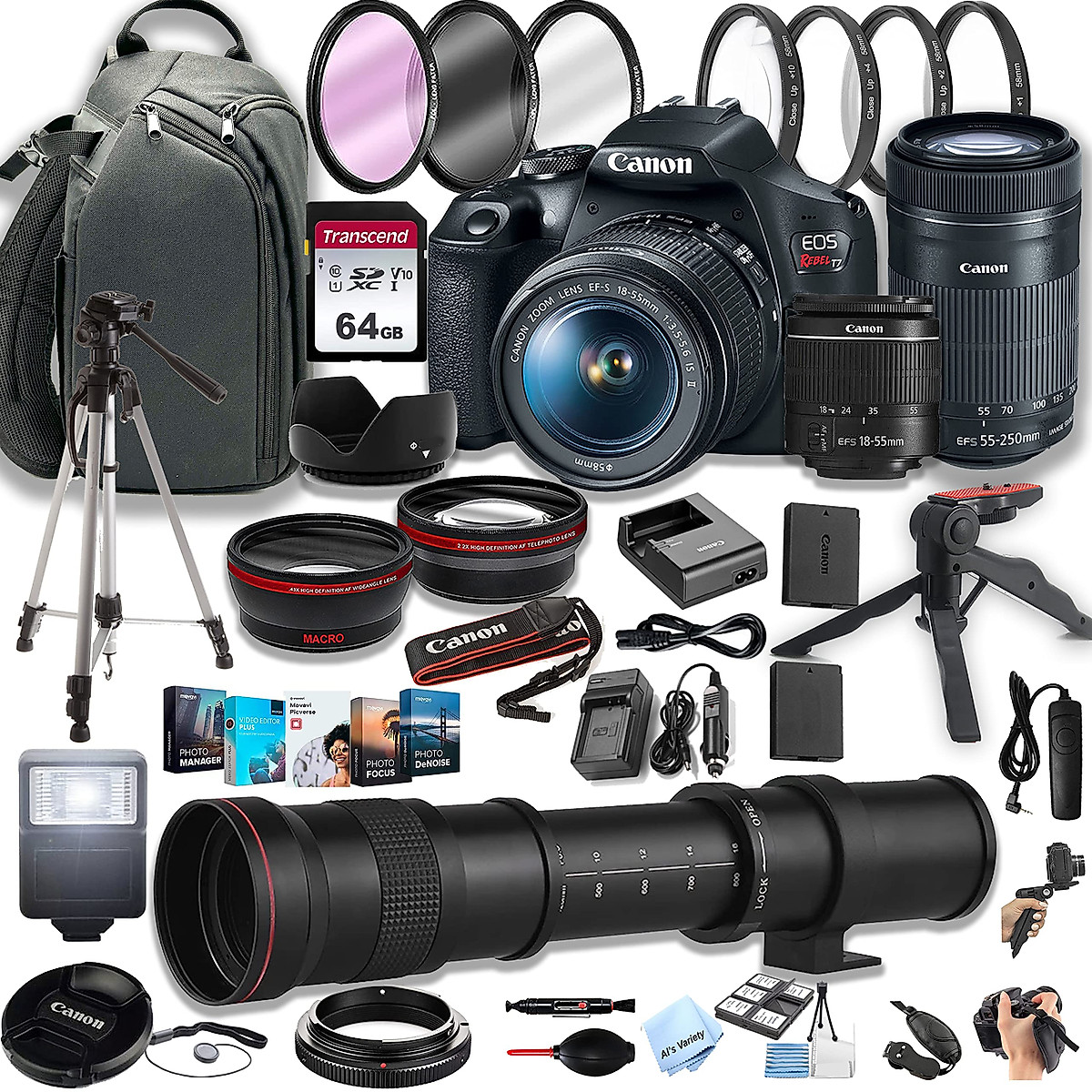 Canon EOS Rebel T7 DSLR Camera w/EF-S 18-55mm F/3.5-5.6 Zoom Lens + 55-250mm f/4-5.6 is STM Lens + 64GB Memory Cards, Professional Photo Bundle (44pc Bundle)