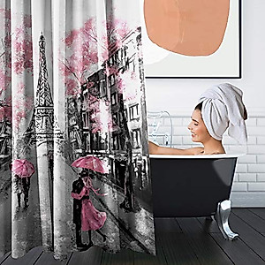 Britimes 4 Piece Shower Curtain Sets, with 12 Hooks, Oil Painting Pink Gray Paris with Non-Slip Rugs, Toilet Lid Cover and Bath Mat, Durable and Waterproof, for Bathroom Decor Set, 72" x 72"