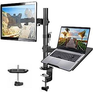 HUANUO Laptop Monitor Mount with Tray for 13- 27 inch, Fully Adjustable Laptop Notebook Desk Mount Stand up to 17 inch, Weight up to 22lbs, Extension with Clamp and Grommet Mounting Base