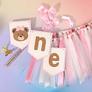 Bear Pink Ribbon One Highchair Banner - Girls 1st Birthday Party Decorations,Teddy Bear First Birthday High Chair Banner, One Woodland Camping Party Banner, Princess Bear 1st Birthday Photo Prop