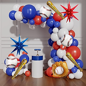 Baseball Garland Arch Kit With Glove, Bat, and Star Balloons - 128pcs Red, White, and Navy Blue for Baseball Theme Birthday, Baby Shower Party Supplies