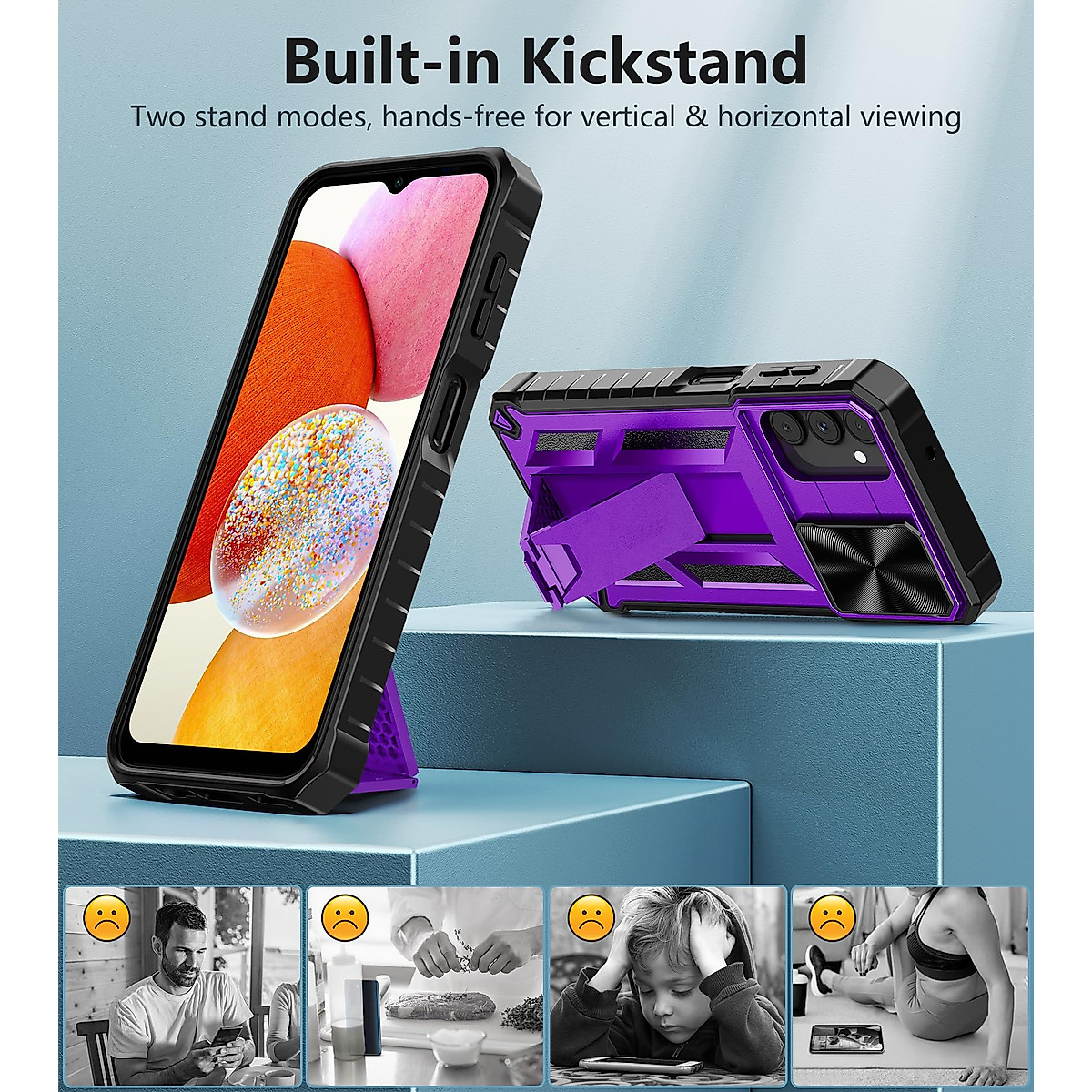 FNTCASE Case for Samsung Galaxy A14-5G: Military Grade Drop Proof Protection Rugged Protective A14 Cell Phone Cover with Built-in Kickstand & Slide - Shockproof TPU Matte Textured Tough Cases - Purple